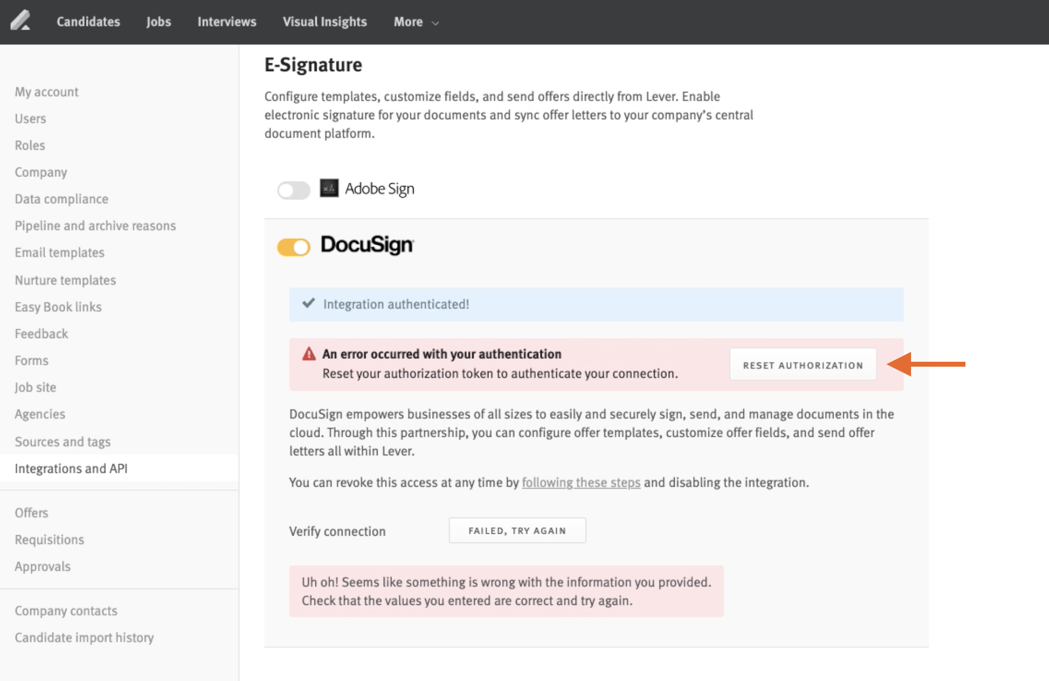 Enabling the DocuSign e-signature integration – Lever Support