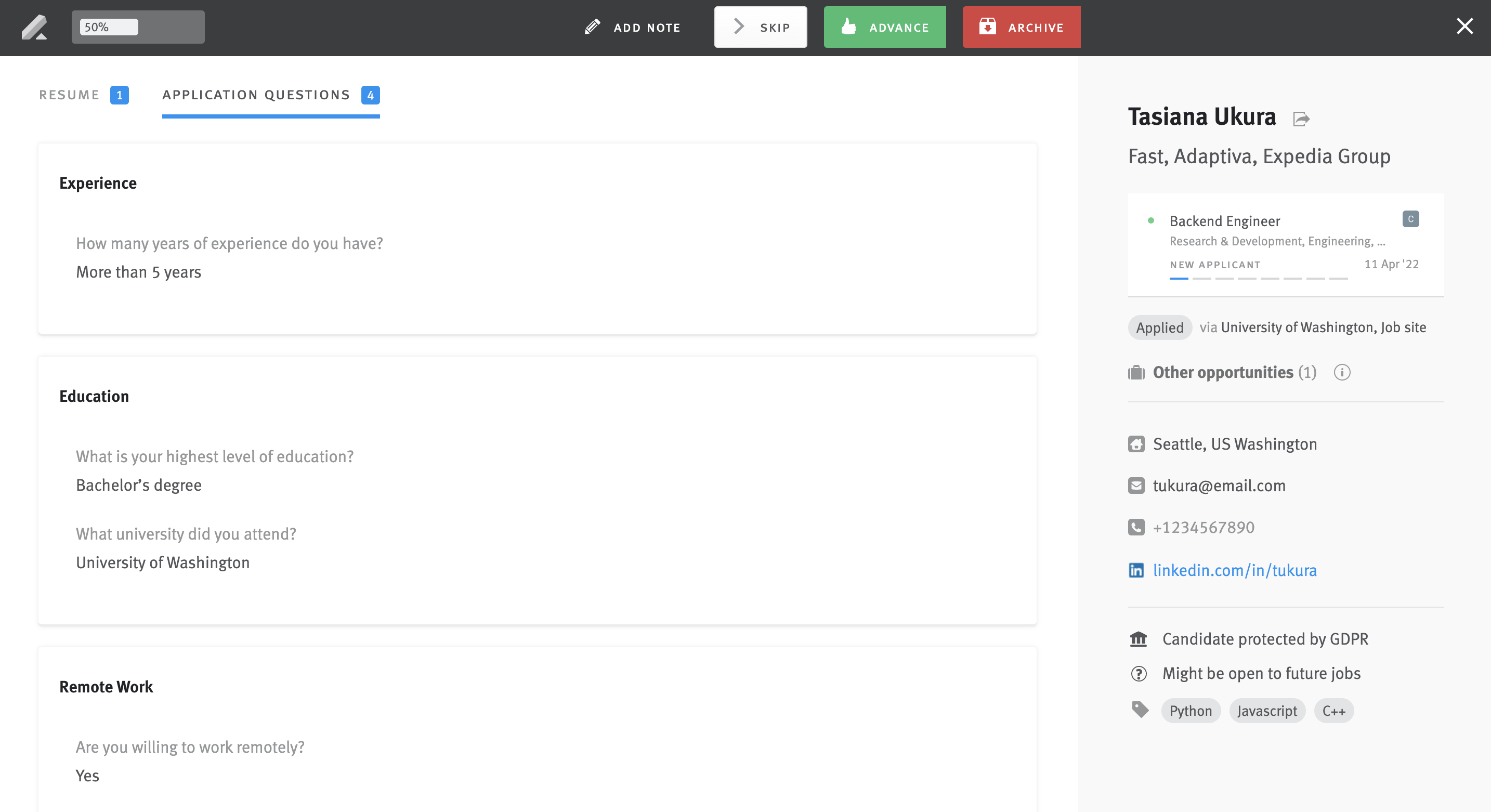 Screening applicants using Fast Resume Review – Lever Help Center